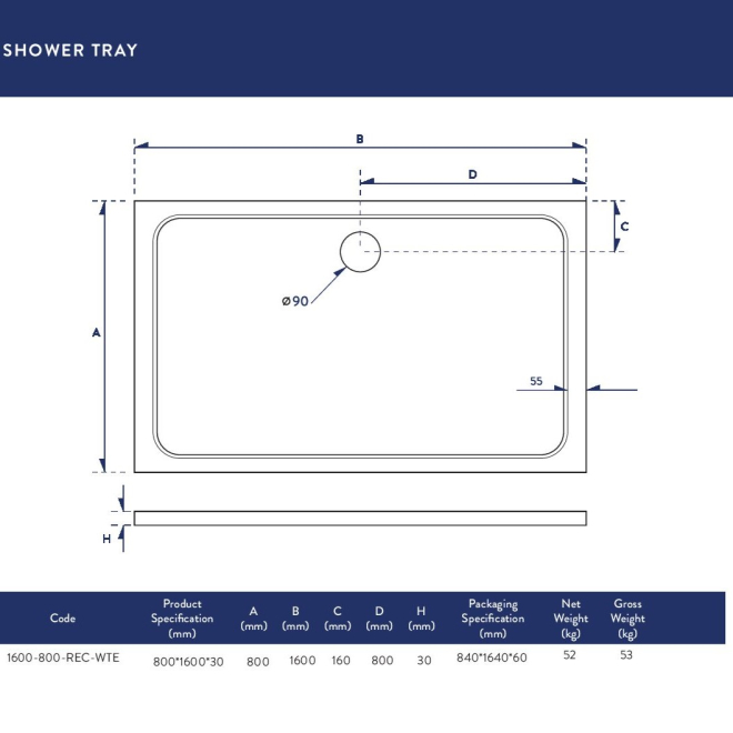 Scudo Shires 1600 x 800mm Square ABS Stone Resin Shower Tray 1600-800 ...