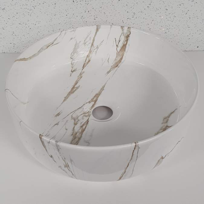 Gressingham 355mm Ceramic Round Washbowl & Waste - Marble Effect ...