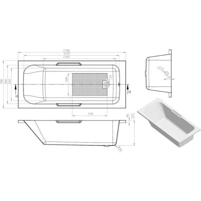 Bali 1700 x 700mm Single Ended Bath with Grips & Textured Base - RDBS105616
