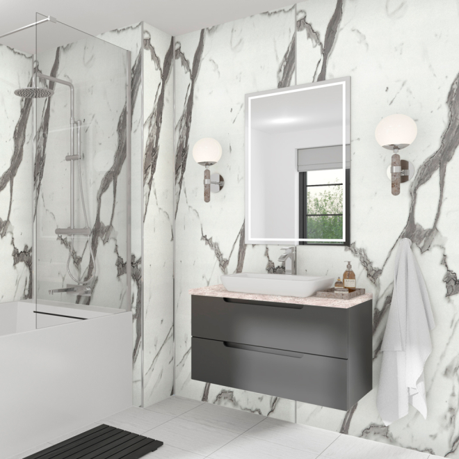 Wetwall Calacatta Statuario Shower Panel, Mermaid Collection