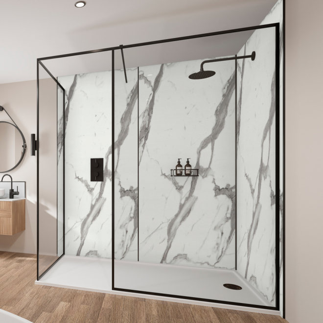 Wetwall Calacatta Statuario Shower Panel, Mermaid Collection
