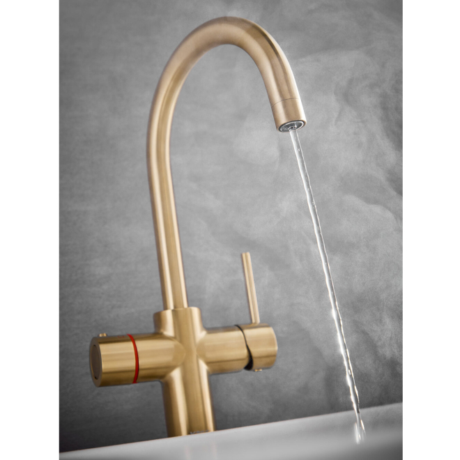 KoGE 3-in-1 Brushed Brass Swan Spout Hot Water Tap & Boiler