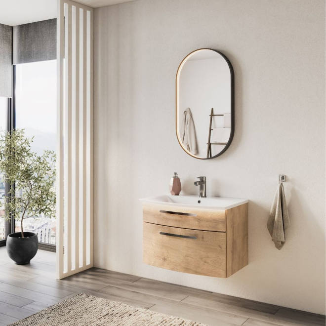 Icarus Curve 700 Natural Oak Wall Hung Vanity Unit With White Basin