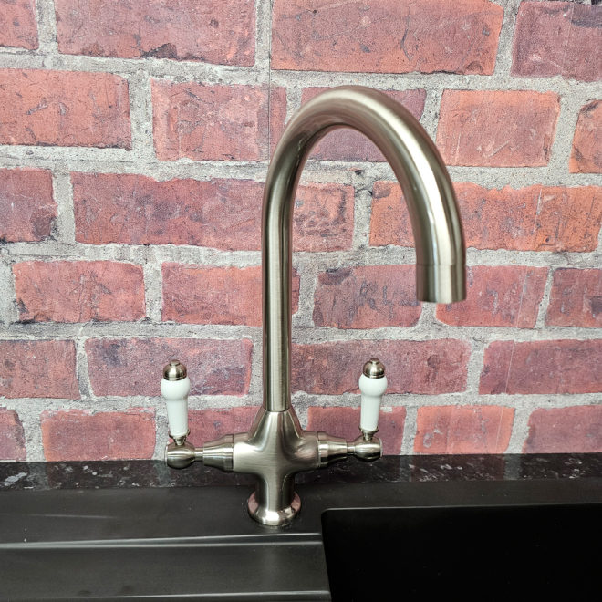 Imperial Twin Lever Tradtional Brushed Nickel Kitchen Mixer Tap