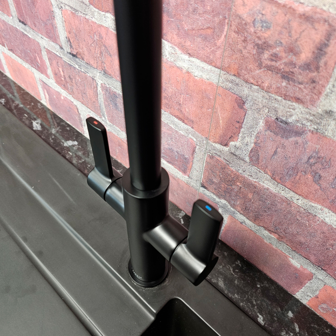 Jeroni Swan 2 Handle Matt Black Kitchen Mixer Tap, 922115