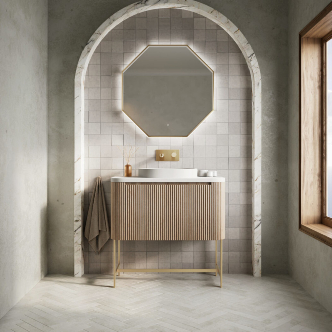 Scudo Linea Curve Oak 900mm Wall Hung Basin Vanity Unit