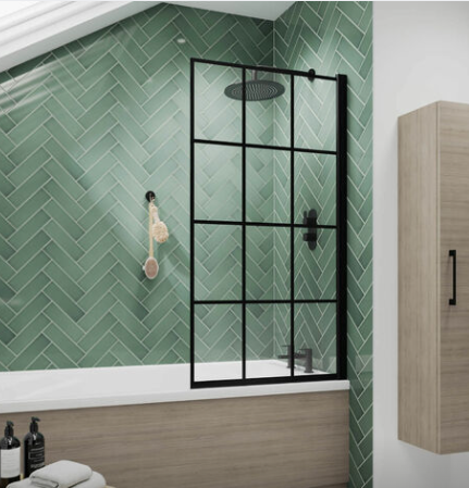 Matt Black Grid Framed Shower Bath Screen - 1435 x 785mm - Rubberduck ...