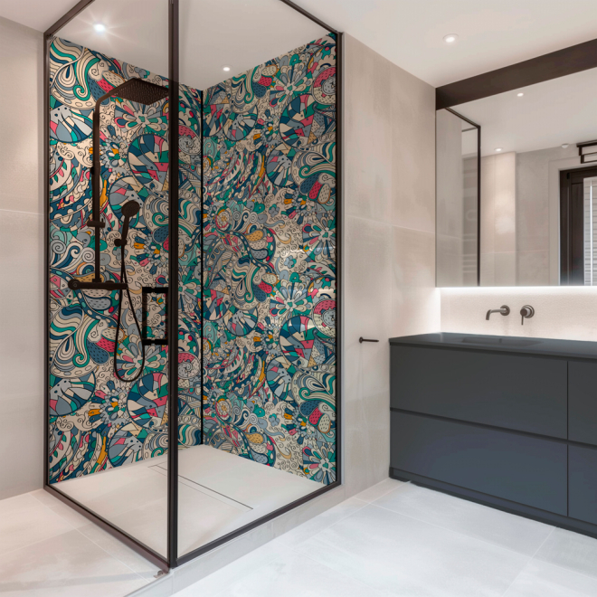 SplashBax Colourful Doodle Di Bond Shower Board - SBAX1009