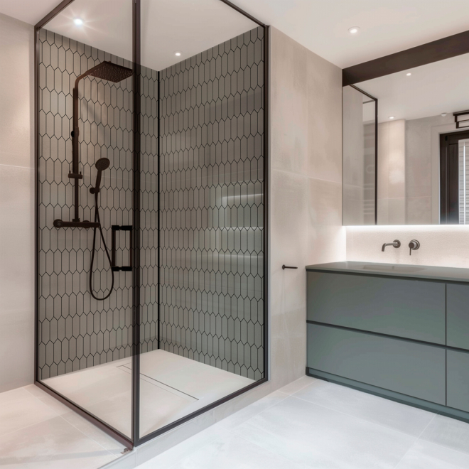 SplashBax Elongated Hexagon Cloudy Grey Acrylic Shower Board - SBAX1019