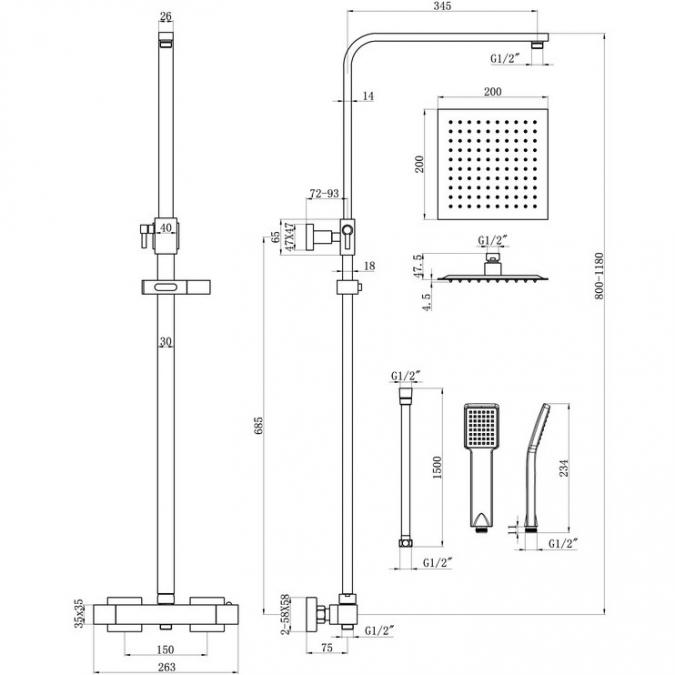 Crest Square Thermostatic Bar Mixer with Riser Kit - Matt Black