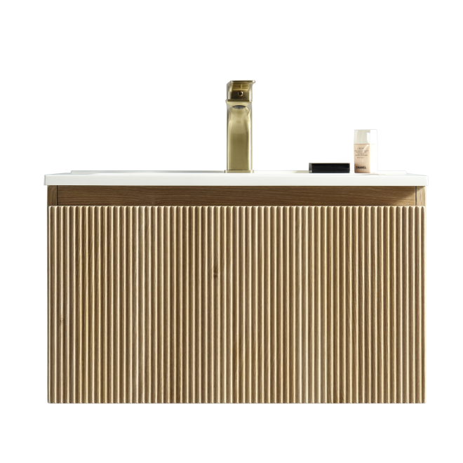 Flauto Country Oak Fluted 600mm Wall Hung Vanity Unit & Matte Basin - 4294