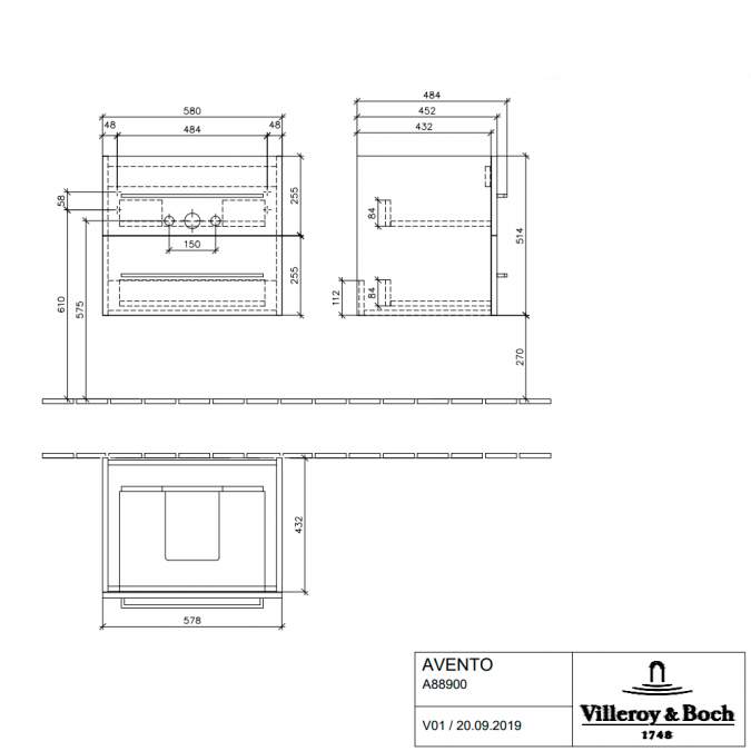 Villeroy & Boch Avento 580mm Nordic Oak 2 Drawer Bathroom Vanity Unit ...