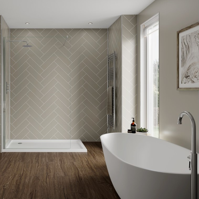 Multipanel Taupe Grey Herringbone Tile Effect Shower Board | Rubberduck ...