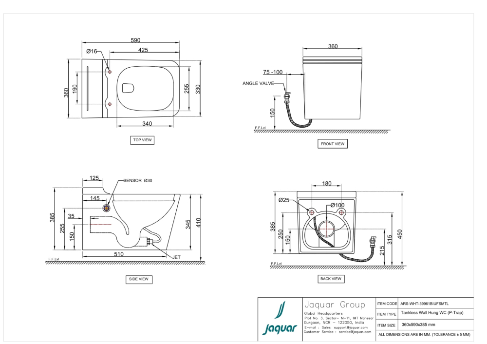 Jaquar Aria Tankless Wall Hung WC With Sensor Flush,UF Soft Close Seat ...