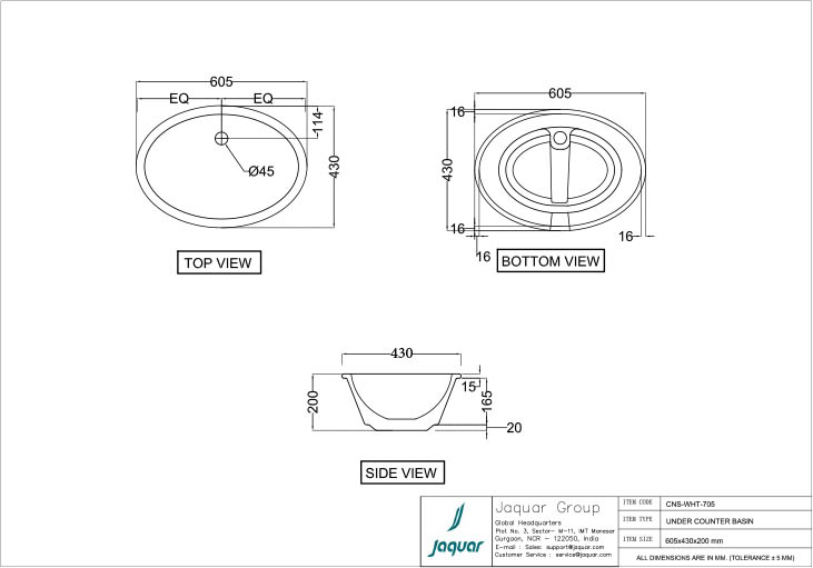 Jaquar Continental Prime Under Counter Basin - 605mm - CNS-WHT-705