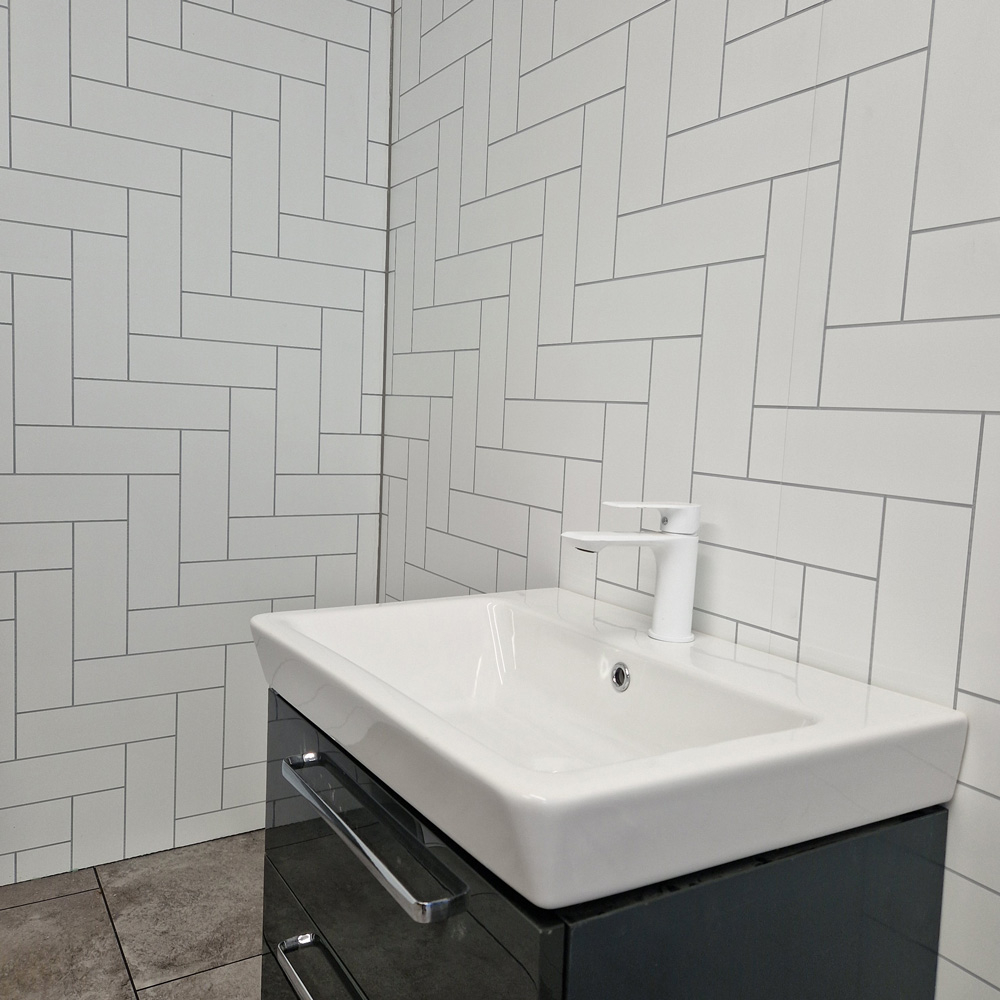 White Straight Herringbone MEGAboard Grout Line 1m Wide PVC Wall Panels