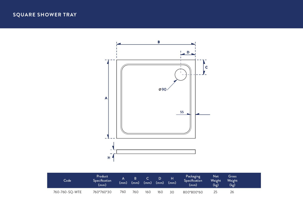Scudo Shires 760 x 760mm Square ABS Stone Resin Shower Tray 760-760-SQ-WTE