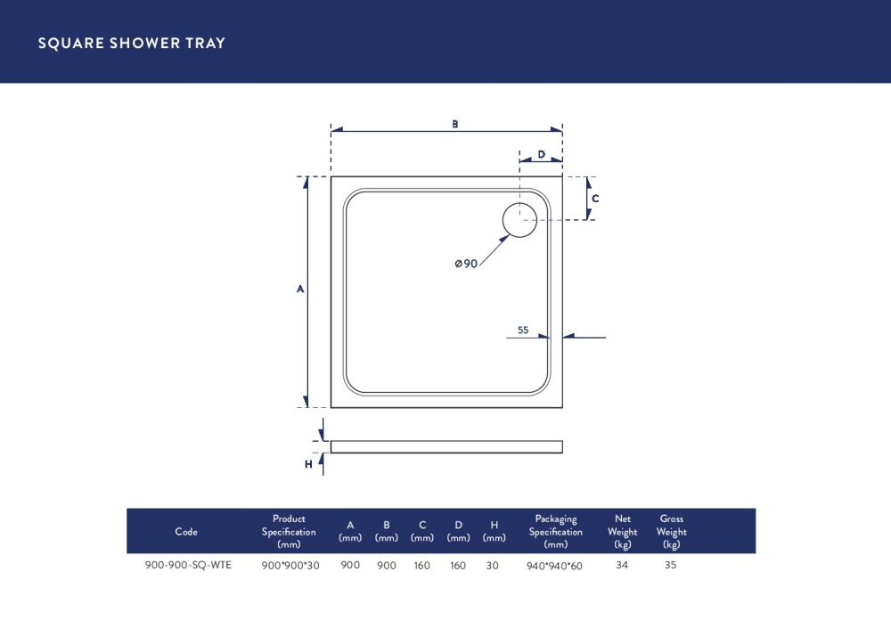 Scudo Shires 900 x 900mm Square ABS Stone Resin Shower Tray 900-900-SQ-WTE