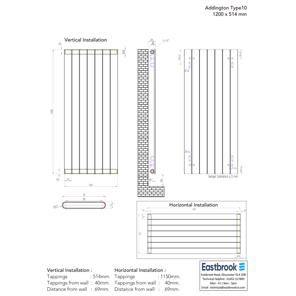 Eastbrook Addington 1200 x 514 Gloss White Type10 Radiator - 91.0009 ...