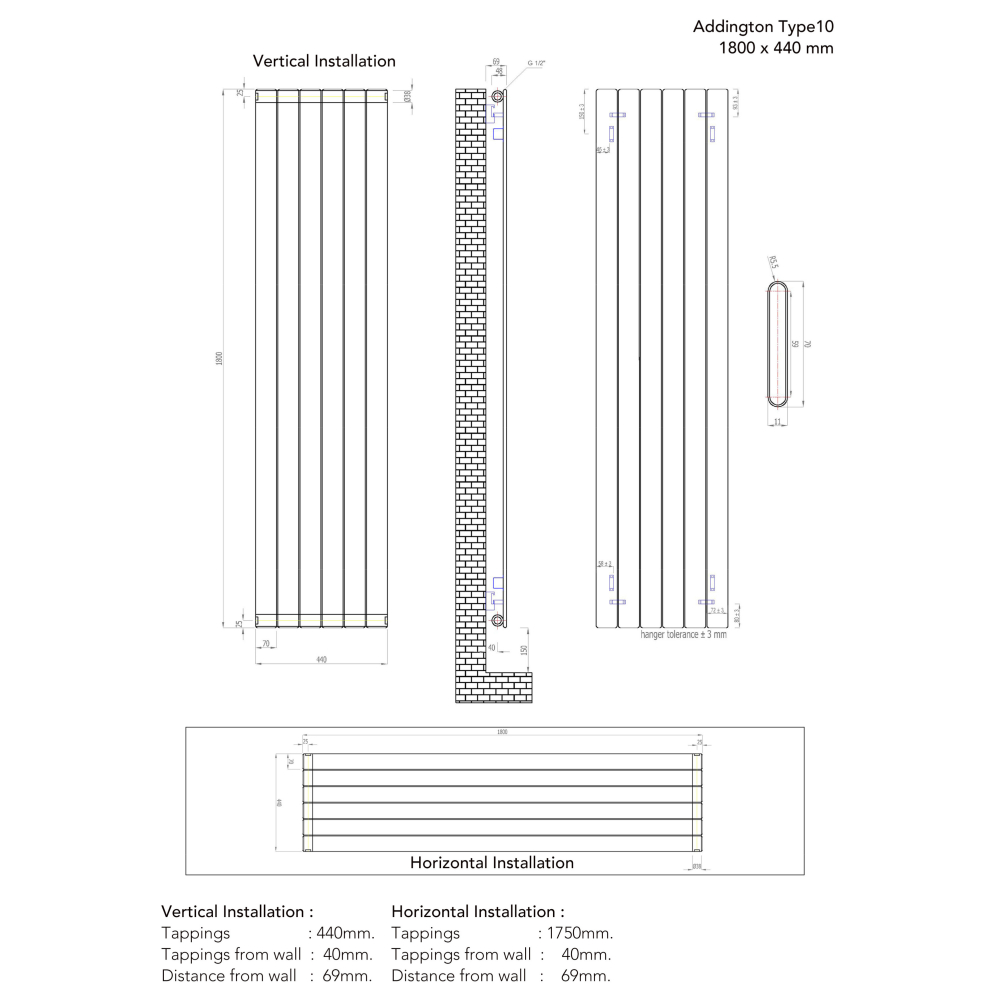 Eastbrook Addington 1800 x 440 Gloss White Type10 Radiator - 91.0015 ...