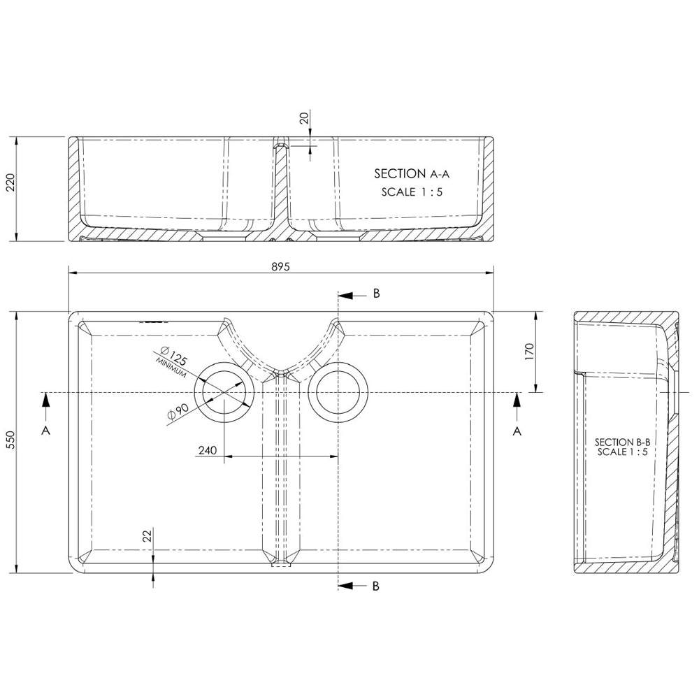 NUIE Butler Fireclay Sink with Stepped Weir 895 x 550 x 220mm