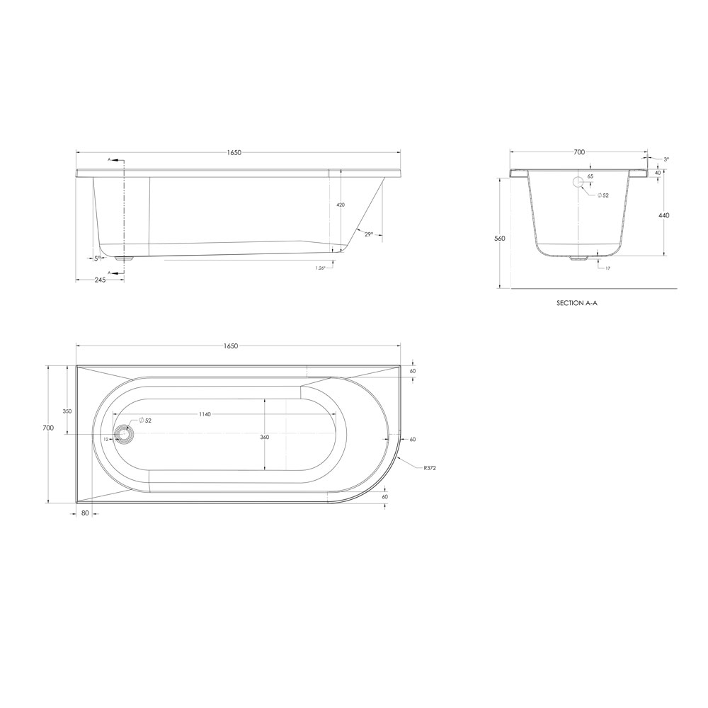 Beaufort Biscay 1650 x 700 SE 5mm J Shape Bath Left Hand, 42.0297