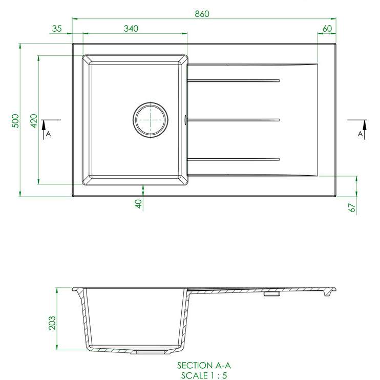 Prima+ Compact Black Granite 1 Bowl Inset Kitchen Sink, CPR344