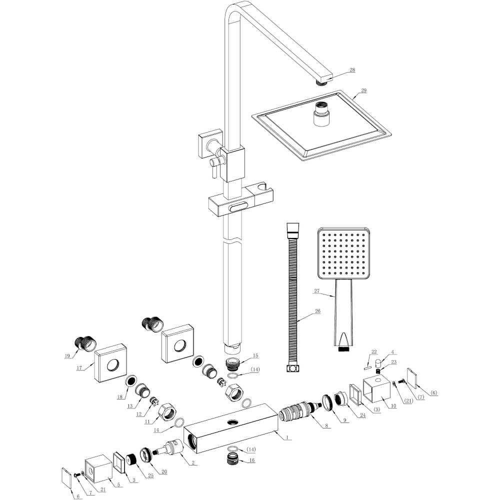 Challans Square Thermostatic Bar Mixer with Riser Kit - Chrome - RDBS105831