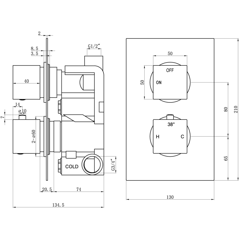 Challans Brushed Brass Square Single Outlet Valve with Rainfall Shower Head