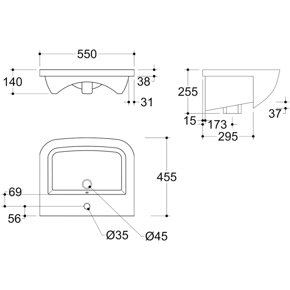 Crest 520 x 400mm 1 Tap Hole Semi Recessed Basin