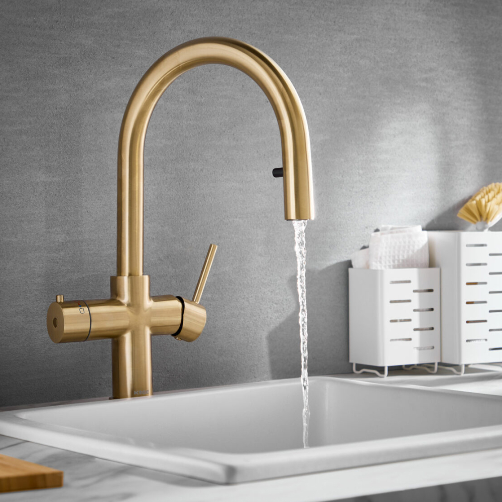 KoGE 4-in-1 Brushed Brass Pull Out Boiling water Kitchen Tap & Boiler ...