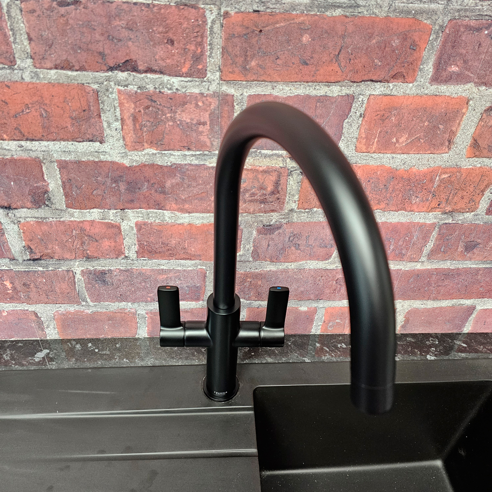 Jeroni Swan 2 Handle Matt Black Kitchen Mixer Tap, 922115