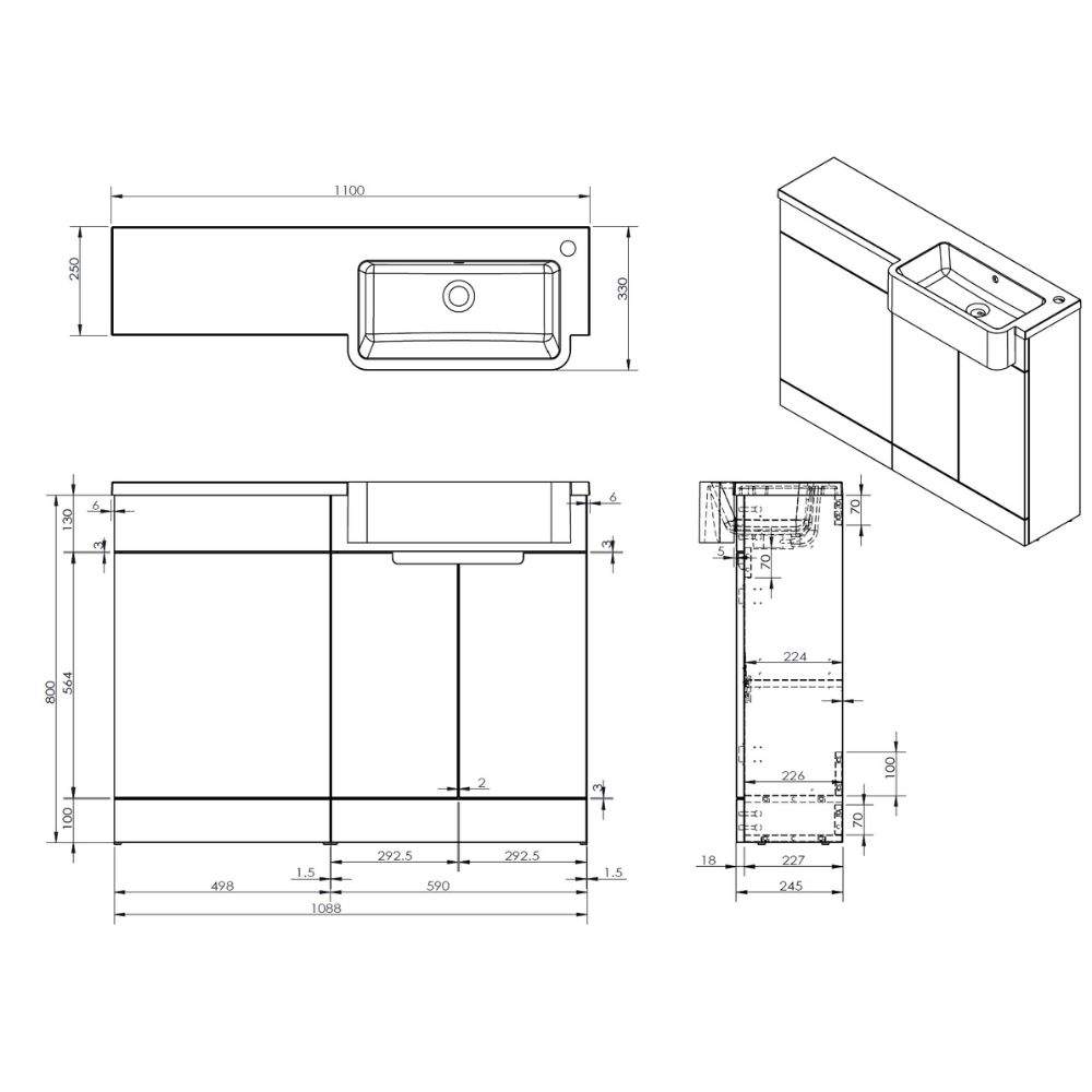 Highlife Lewis White 1100mm Slimline Basin & Toilet Combination Unit