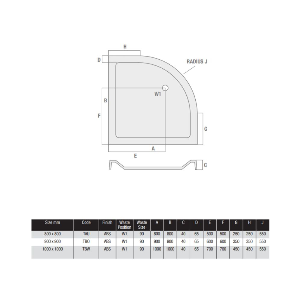 MX Elements 1000 x 1000mm Quadrant Anti Slip Shower Tray - ASTBW