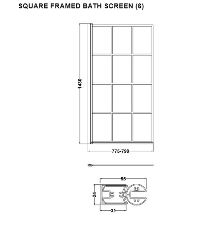 Matt Black Grid Framed Shower Bath Screen - 1435 x 785mm - Rubberduck ...