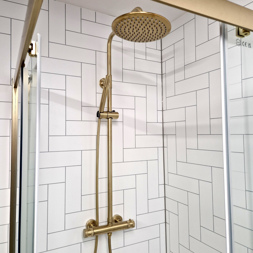 Scudo Core Brushed Brass Twin Head Rigid Riser Shower Kit