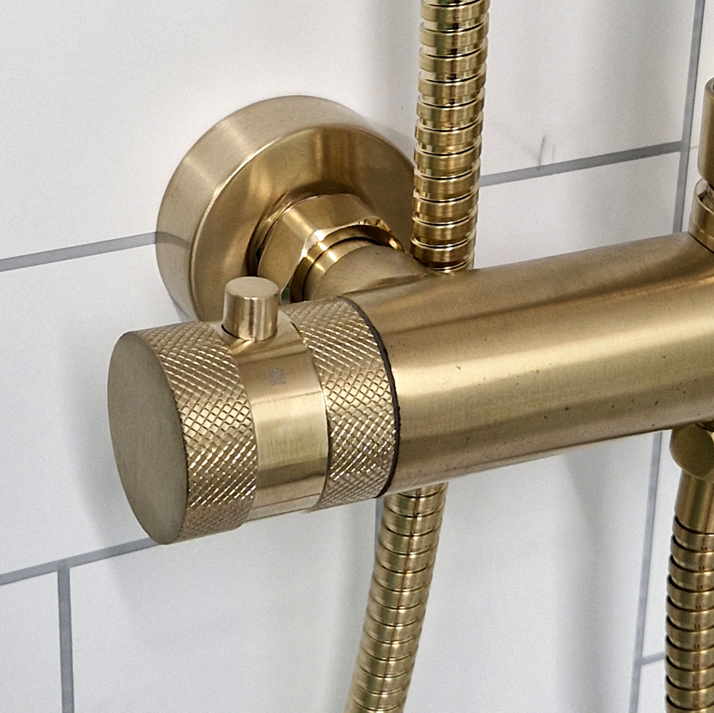 Scudo Core Brushed Brass Twin Head Rigid Riser Shower Kit