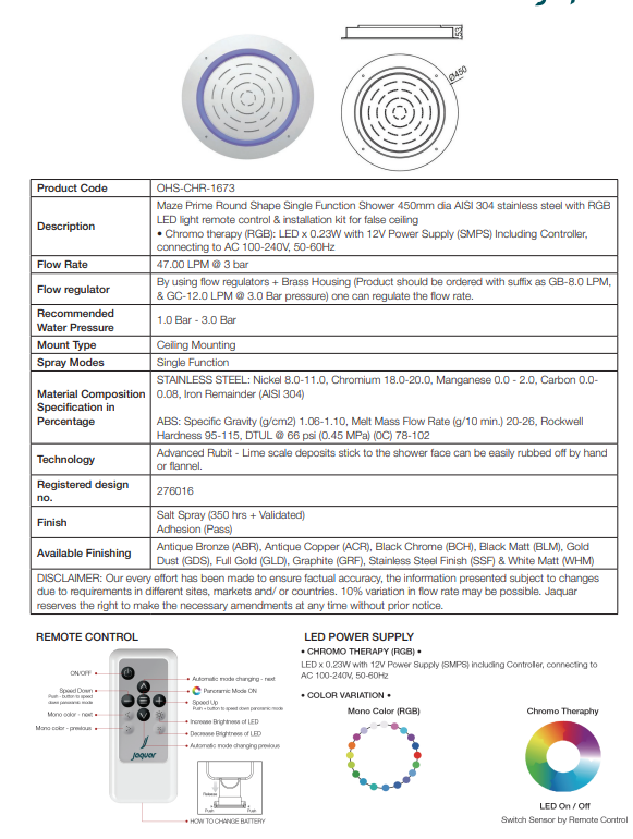 Jaquar Maze 450MM Black Chrome LED Light remote Control Round Over Head ...
