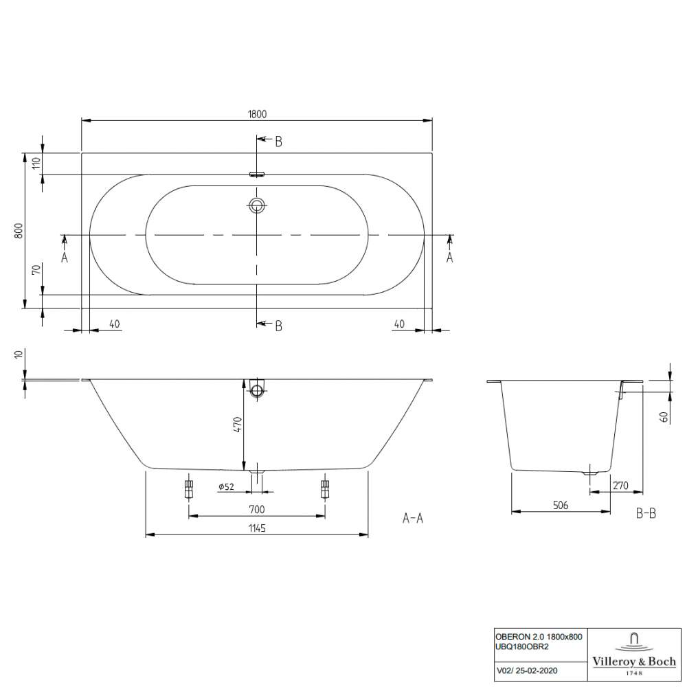 Villeroy & Boch Oberon 2.0 1800 x 800mm Double Ended Bath