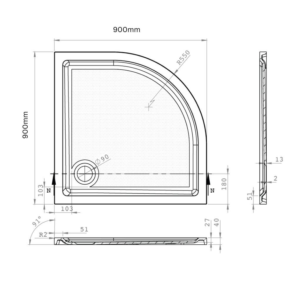 Roman 900 x 900mm Quadrant Shower Tray | RSQG90 | Roman 900 x 900mm ...