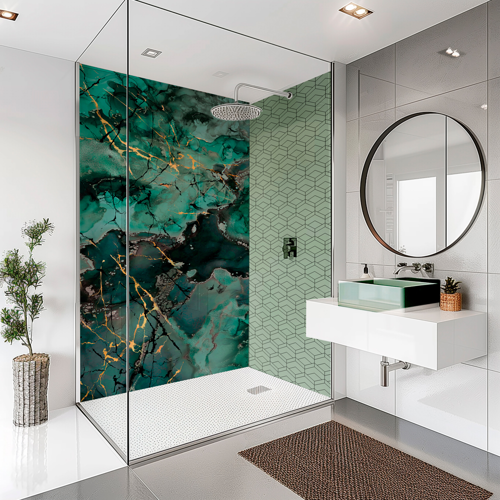 SplashBax Abstract Hexagon Sage Green Di Bond Shower Board - SBAX1021