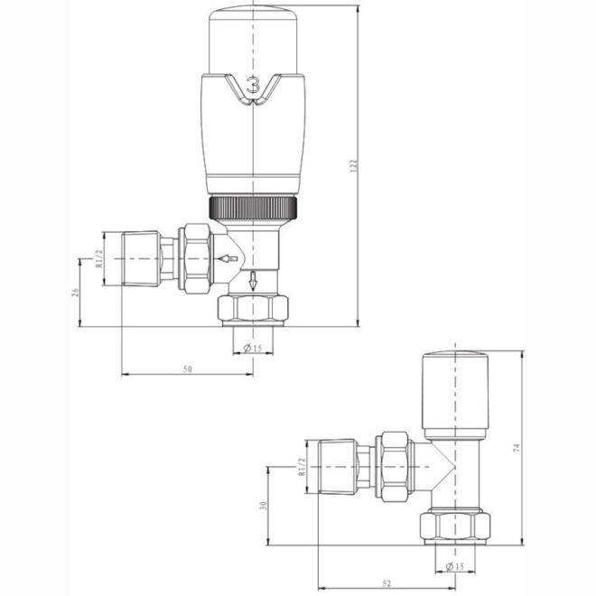 Scudo Brushed Brass Angled TRV Radiator Valves Twin Pack, DES-TRV-ANG-BB
