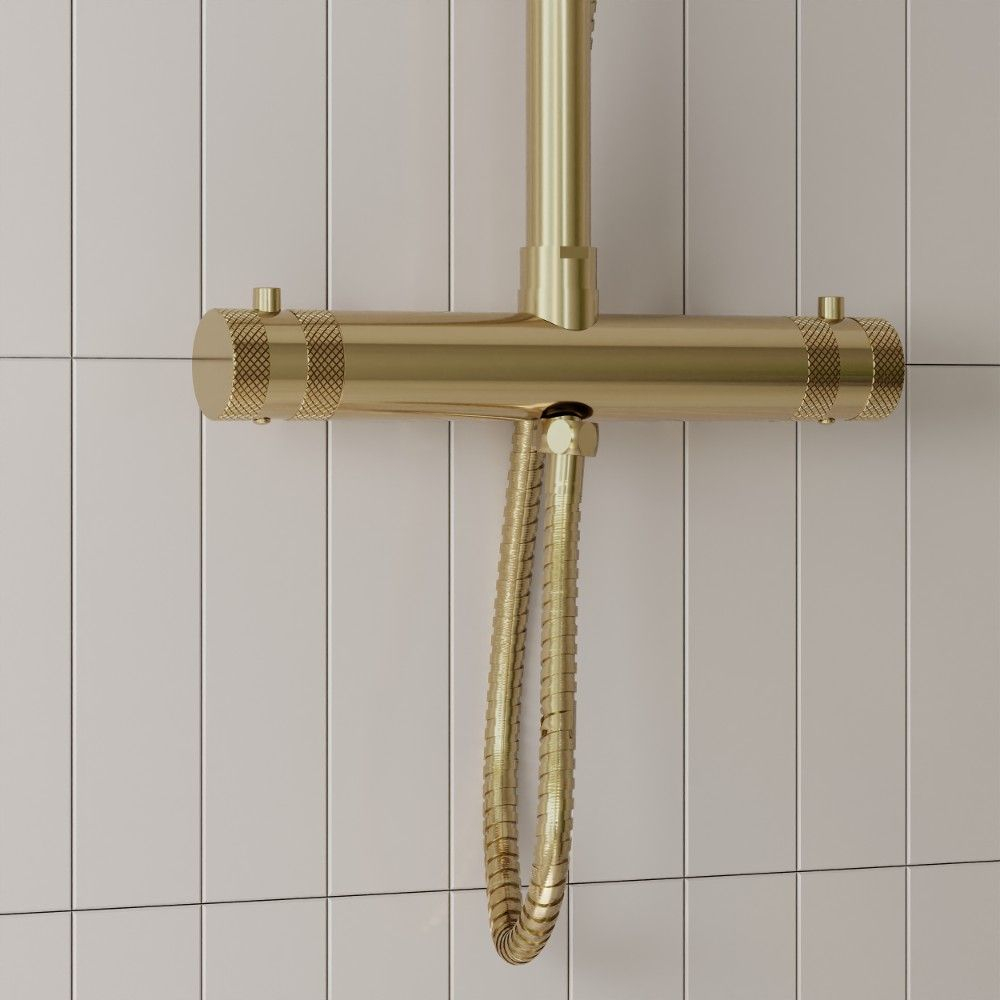 Scudo Core Brushed Brass Twin Head Rigid Riser Shower Kit