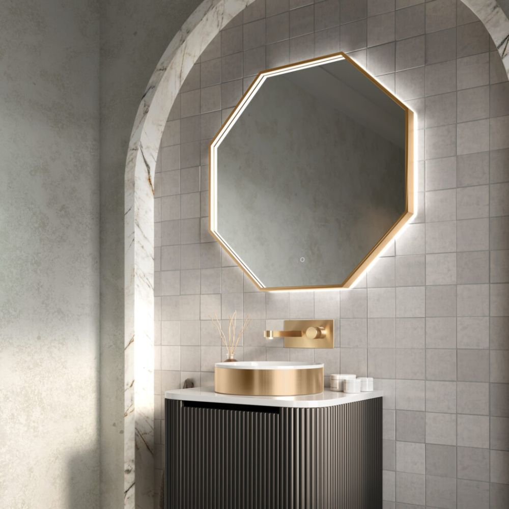 Scudo Passa 600mm Hexagonal Brushed Brass LED Mirror