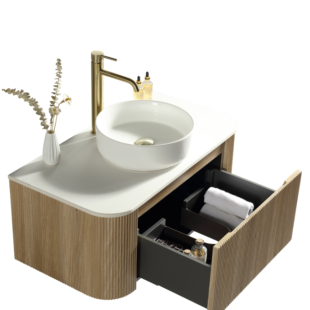 Flauto Country Oak Fluted Curve 870mm Wall Hung Vanity Basin Unit - 4306