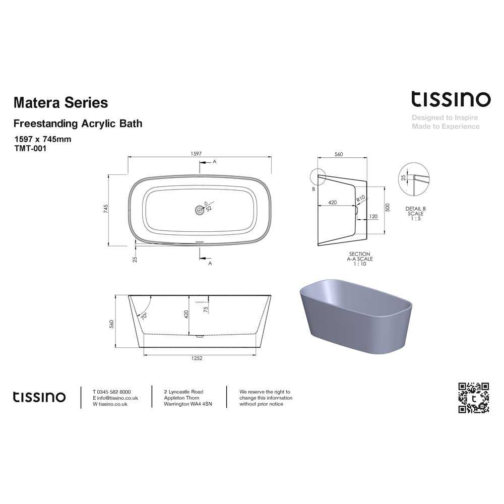 Tissino Matera 1597 x 745mm Freestanding Bath | TMT-001