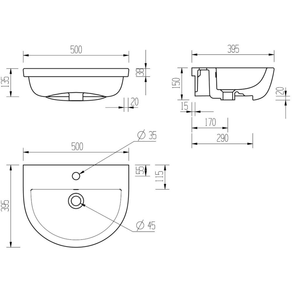 Termond 500 x 390mm 1 Tap Hole Semi Recessed Basin - RDBS1829