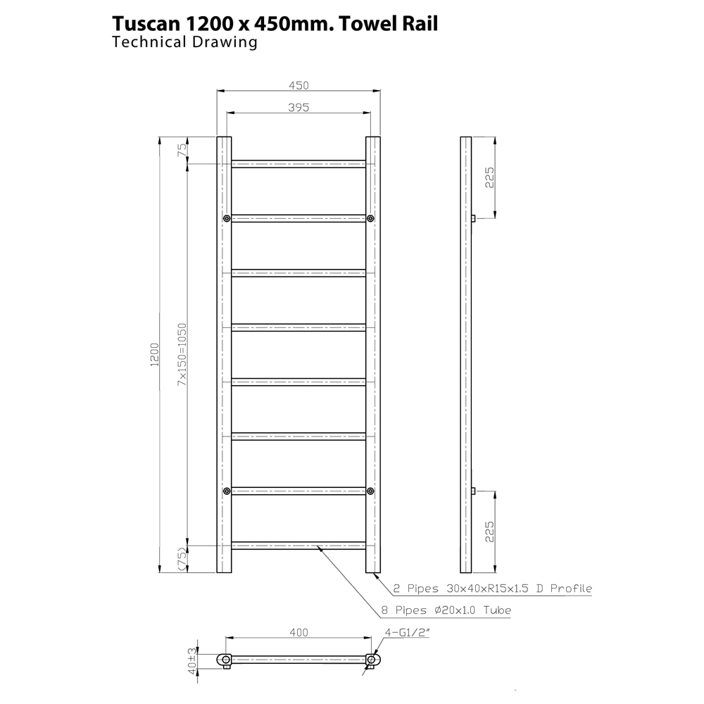 Eastbrook Tuscan 1200 x 450mm Chrome Towel Radiator - 41.031 ...