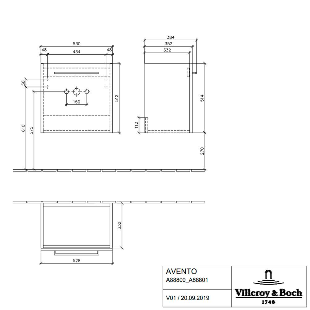 Villeroy & Boch Avento 530mm Brilliant White1 Door Bathroom Vanity Unit ...