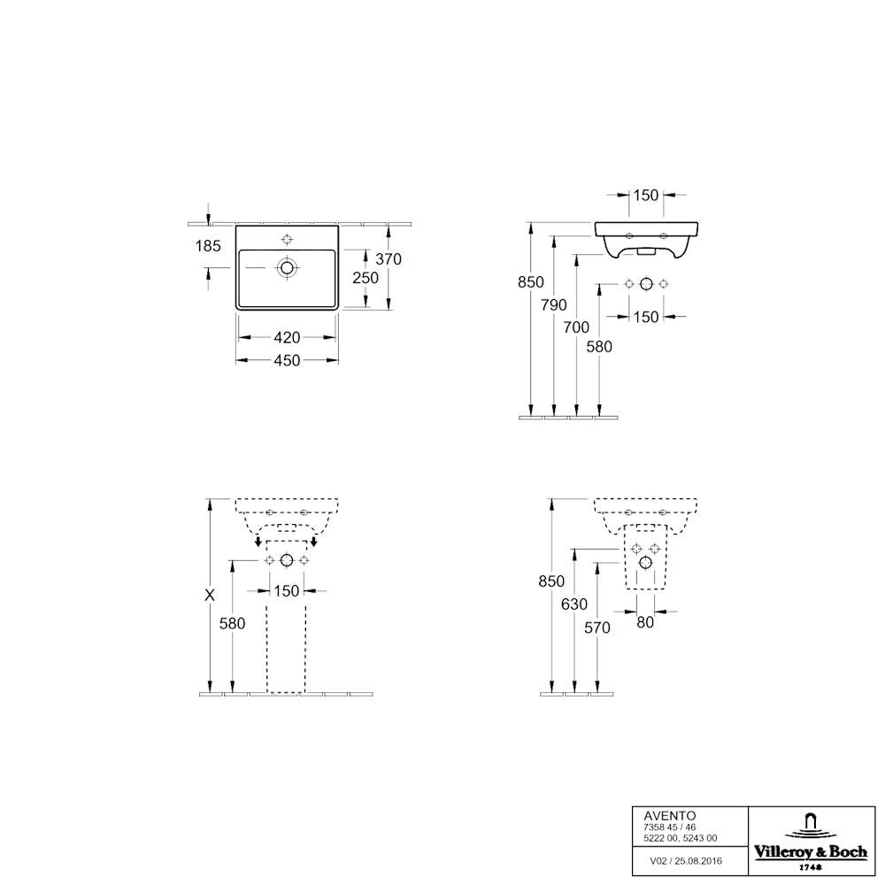Villeroy & Boch Avento Hand Wash Basin, 450mm, White Alpin, Without ...